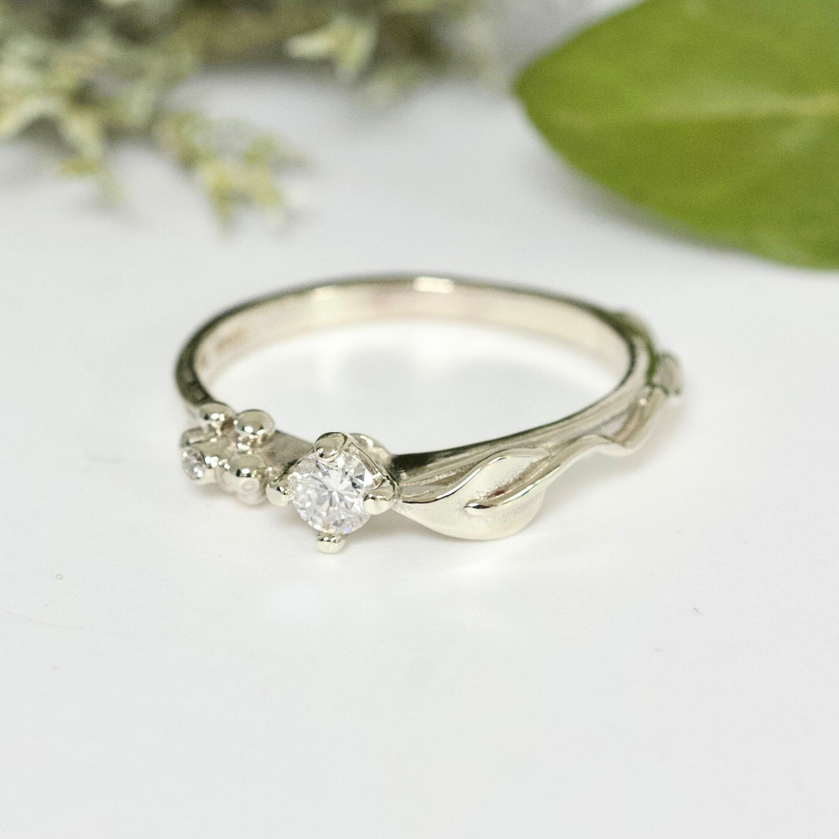 Dainty White Gold Ariel Leaf Engagement Ring, Diamond Nature Inspired – Caroline Brook Jewellery