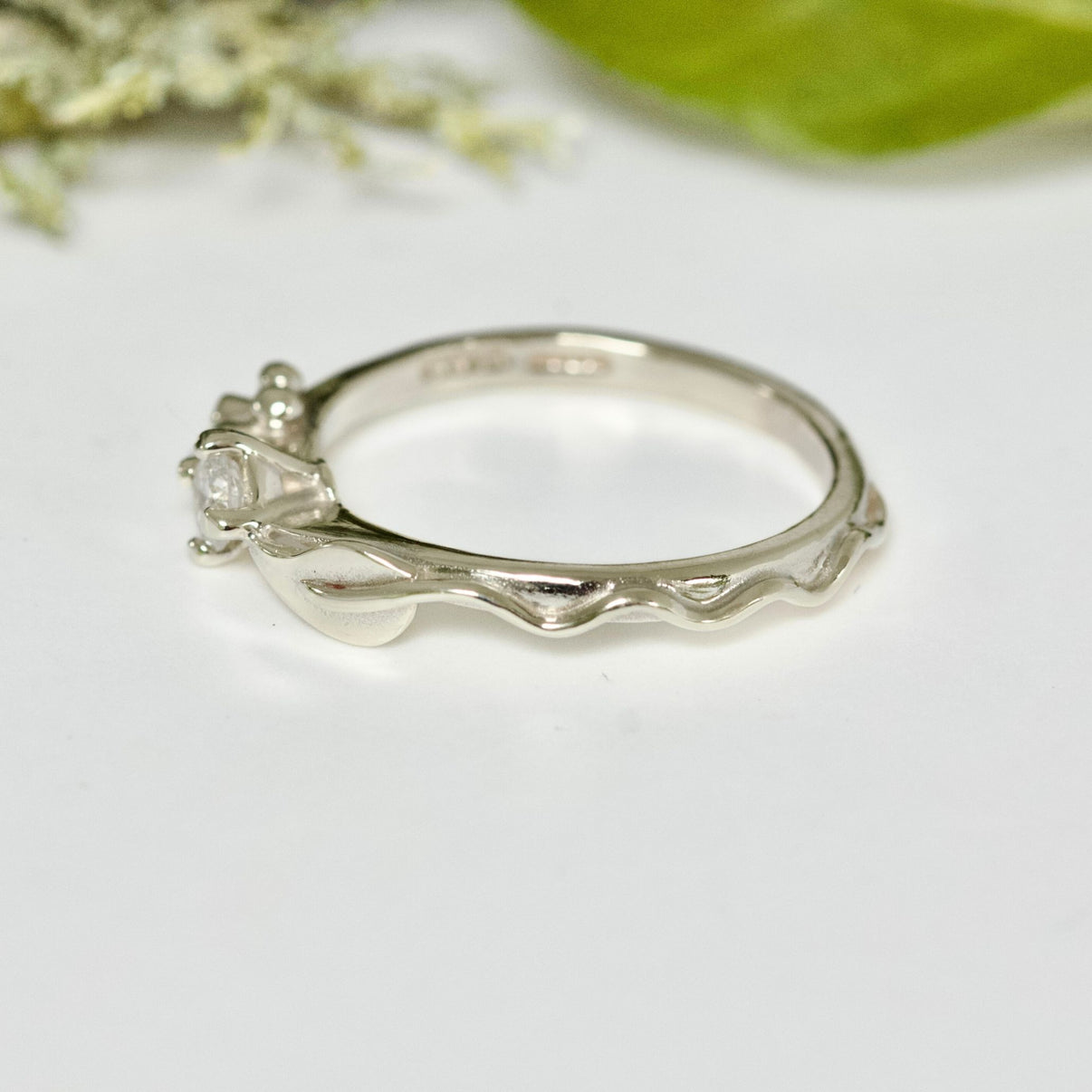 Dainty White Gold Ariel Leaf Engagement Ring, Diamond Nature Inspired – Caroline Brook Jewellery