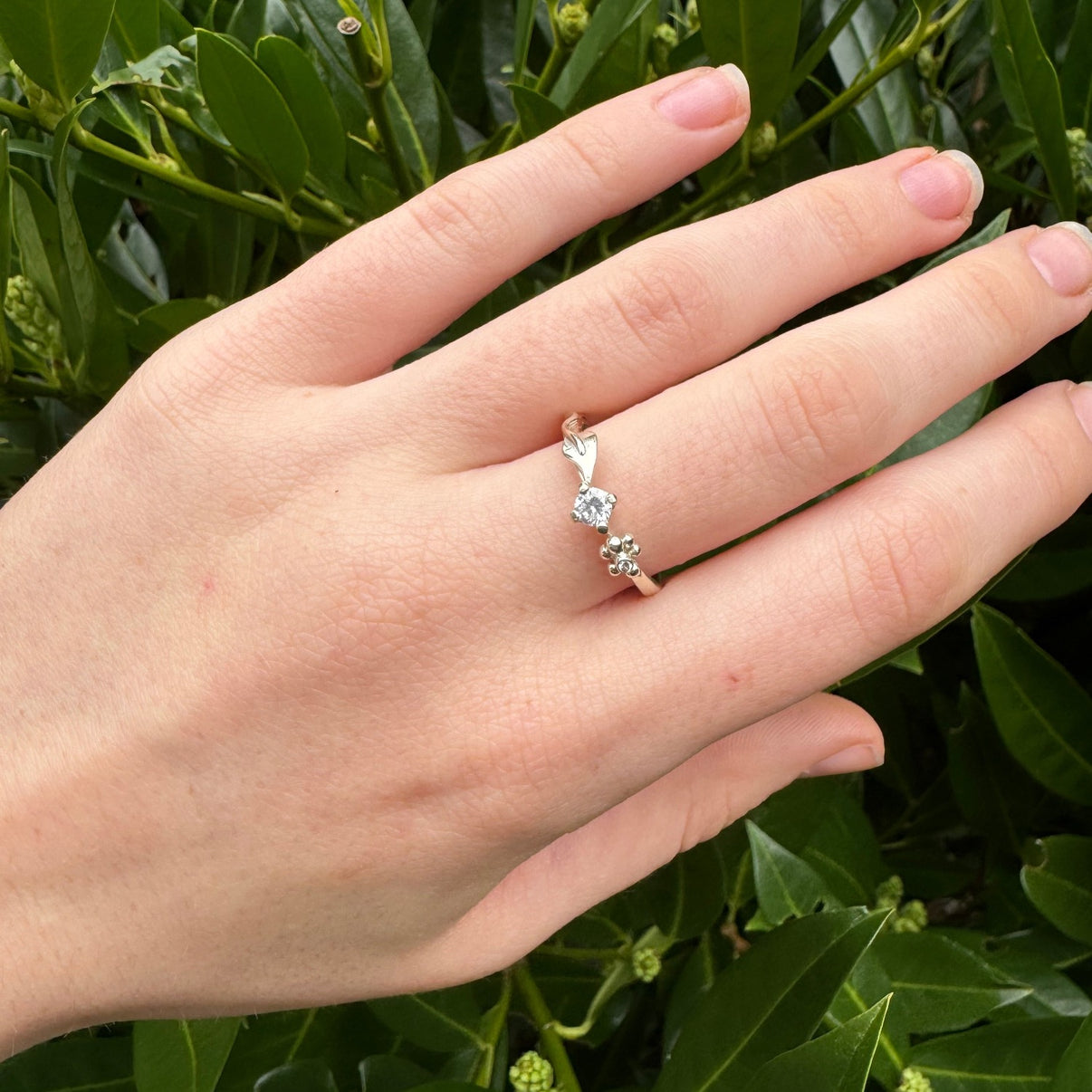 Dainty White Gold Ariel Leaf Engagement Ring, Diamond Nature Inspired – Caroline Brook Jewellery