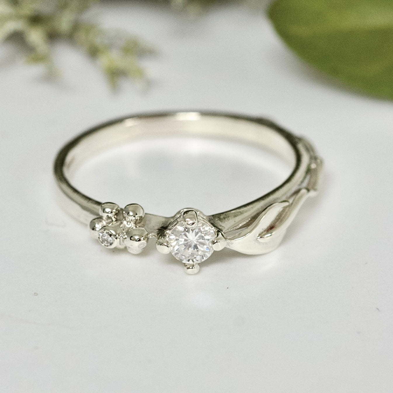 Dainty White Gold Ariel Leaf Engagement Ring, Diamond Nature Inspired – Caroline Brook Jewellery